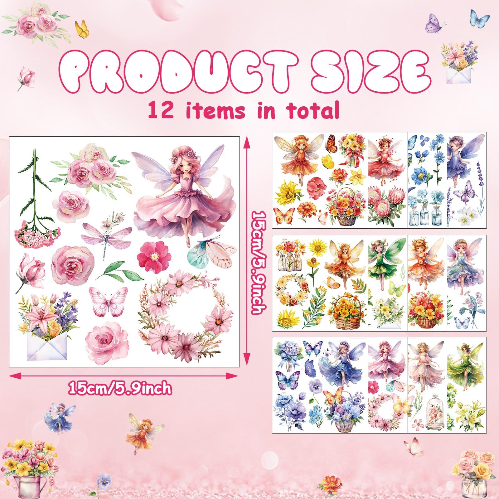 gisgfim 12 Sheets Rub on Transfers for Crafts and Furniture Fairy Rub on Transfers Stickers Fairy Flower Rub on Decals Decor for Spring Home Office Paper Wood DIY Craft, 5.9 x 5.9 Inch