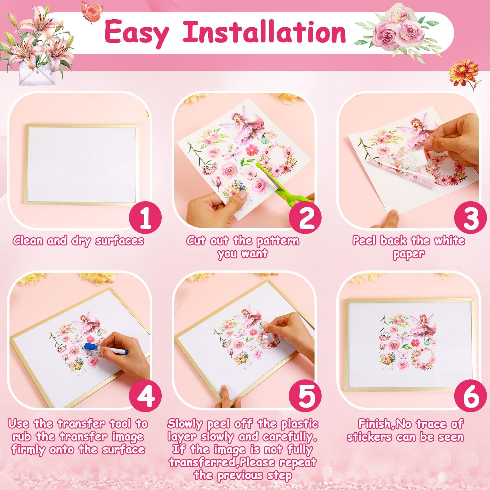 gisgfim 12 Sheets Rub on Transfers for Crafts and Furniture Fairy Rub on Transfers Stickers Fairy Flower Rub on Decals Decor for Spring Home Office Paper Wood DIY Craft, 5.9 x 5.9 Inch