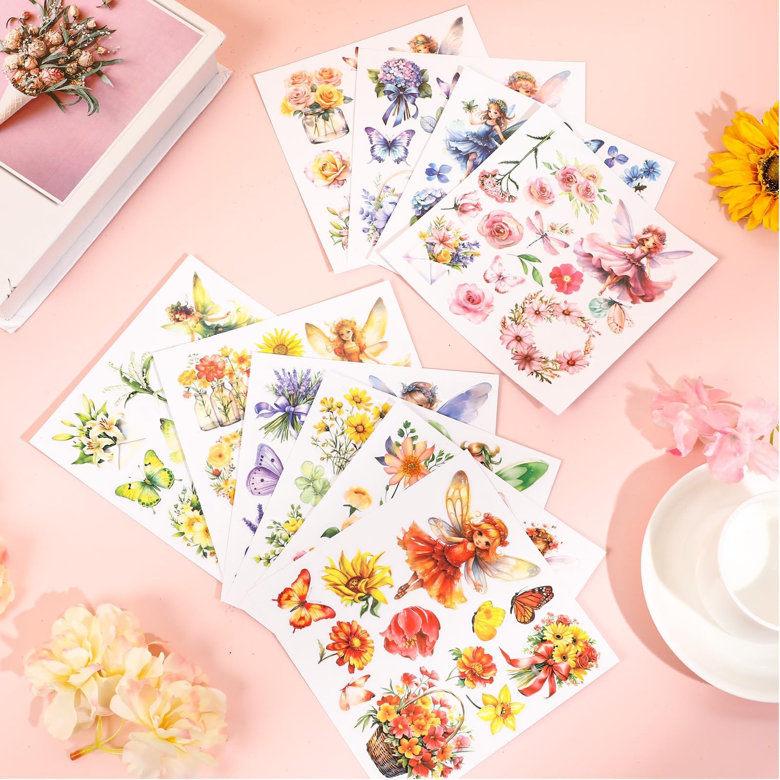 gisgfim 12 Sheets Rub on Transfers for Crafts and Furniture Fairy Rub on Transfers Stickers Fairy Flower Rub on Decals Decor for Spring Home Office Paper Wood DIY Craft, 5.9 x 5.9 Inch