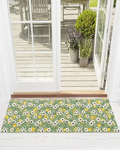 Front Door Mat, Absorbent Long Door Entry Mats, Doormats Entrance Rugs, Spring Floral Camellia Flowers Lemon Green Leaves Watercolor Print Doormat - Easy to Clean Floor Mats for Home 18x60 Inch