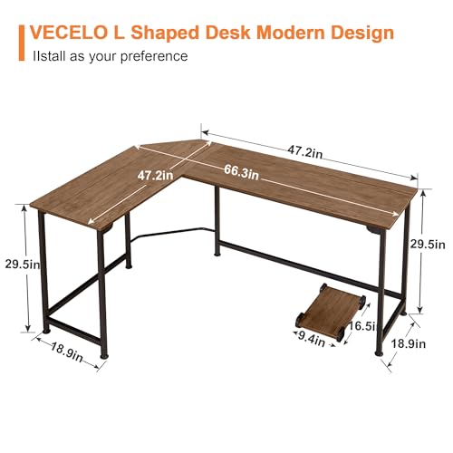 VECELO 66" L Shaped Corner Easy to Assemble Concer Sturdy Home Office Computer Table Larger Gaming Workstation Writing Desk, 66 Inch, Walnut