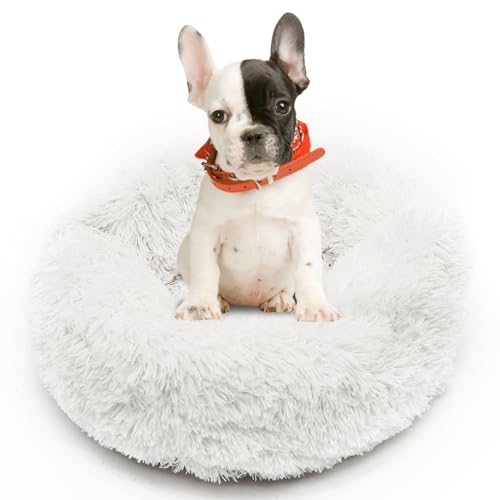 SM4BED Calming Dog Bed for Small Dogs Cats, Kitty Puppy 20'' Round Anti-Anxiety Warm Fluffy Plush Faux Fur Bed, Soft Anti-Slip Donut Washable Small Pet Bed, Fits up to 25 lbs Pets, White