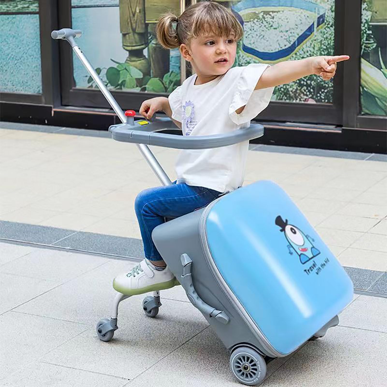 ELDA 20'' Kids Ride On Suitcase with Child Seat Design Large Carry On Hardside Rolling Luggage with Detachable Trolley, TSA Lock, Travel for Boys Girls