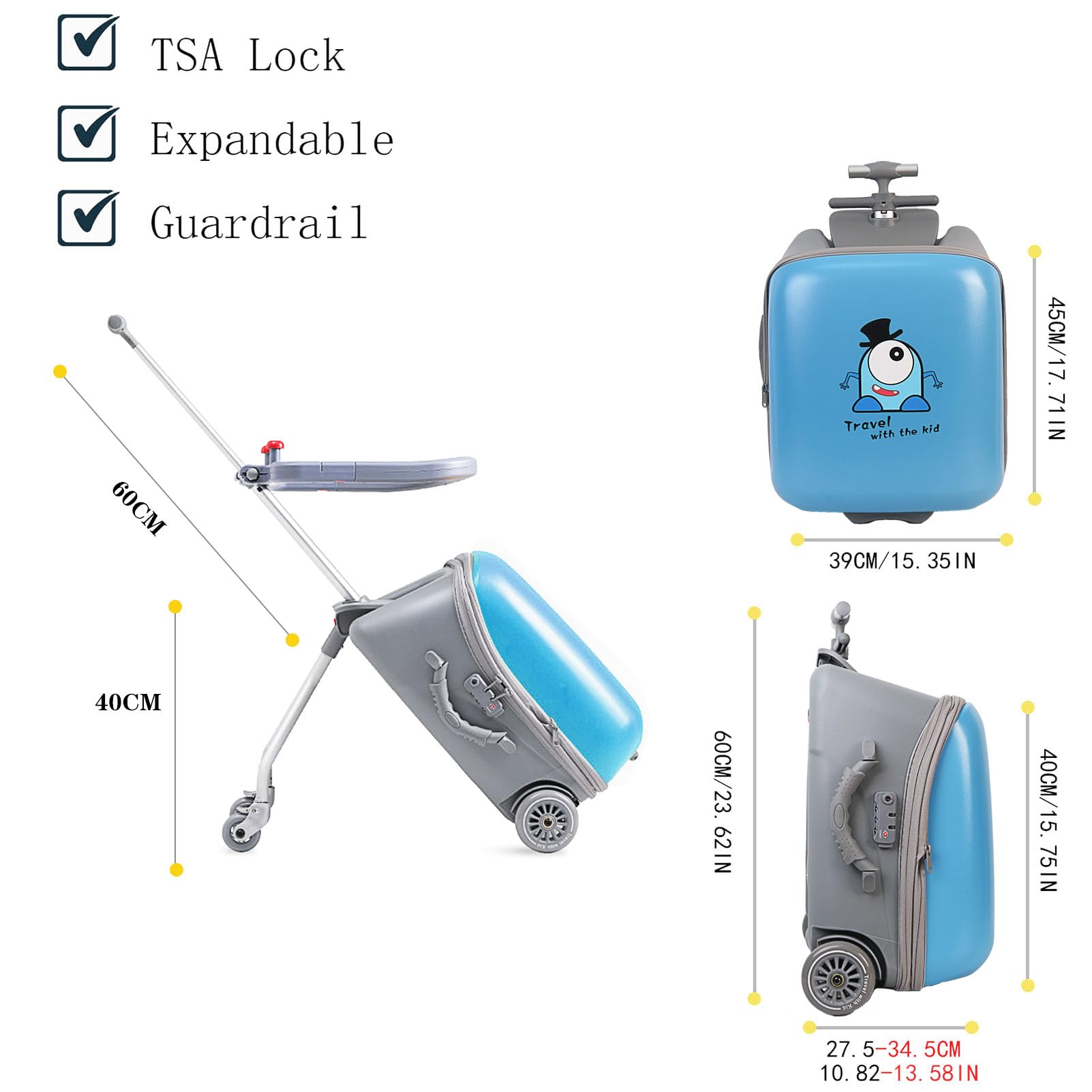 ELDA 20'' Kids Ride On Suitcase with Child Seat Design Large Carry On Hardside Rolling Luggage with Detachable Trolley, TSA Lock, Travel for Boys Girls