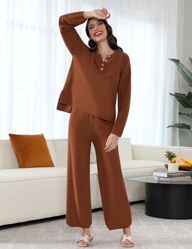 Jawmeu Sweater Sets Women 2 Piece Outfits Cozy Long Sleeve Knit Sweater Top Wide Leg Pants Lounge Sets(Caramel02-XL)