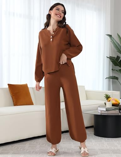 Jawmeu Sweater Sets Women 2 Piece Outfits Cozy Long Sleeve Knit Sweater Top Wide Leg Pants Lounge Sets(Caramel02-XL)