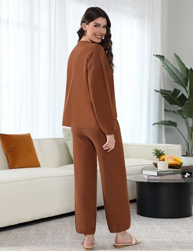 Jawmeu Sweater Sets Women 2 Piece Outfits Cozy Long Sleeve Knit Sweater Top Wide Leg Pants Lounge Sets(Caramel02-XL)