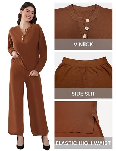 Jawmeu Sweater Sets Women 2 Piece Outfits Cozy Long Sleeve Knit Sweater Top Wide Leg Pants Lounge Sets(Caramel02-XL)