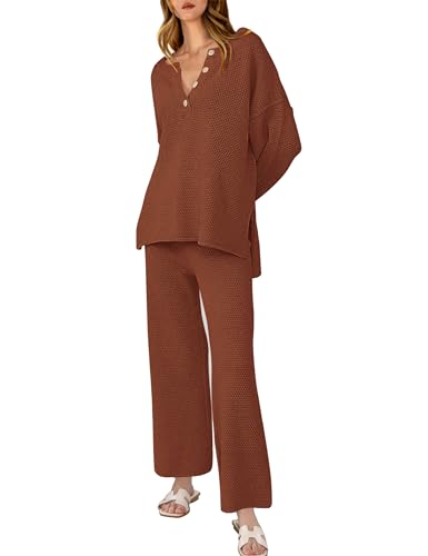 Jawmeu Sweater Sets Women 2 Piece Outfits Cozy Long Sleeve Knit Sweater Top Wide Leg Pants Lounge Sets(Caramel02-XL)