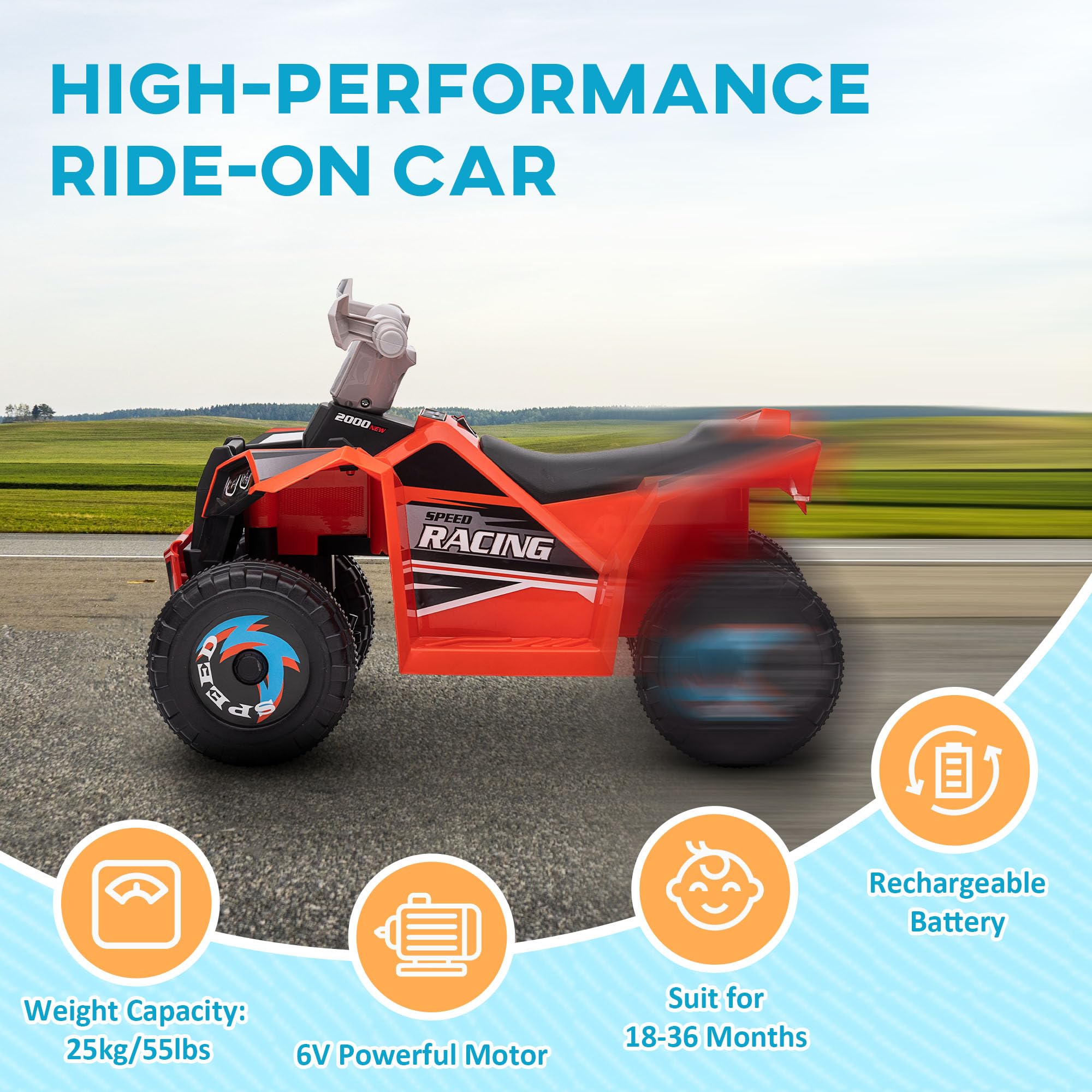 Aosom Kids ATV Quad Car, 6V Four-Wheeler Ride on Toy for Kids with Forward Backward Function, Wear-Resistant Wheels for Toddlers Ages 18-36 Months, Red
