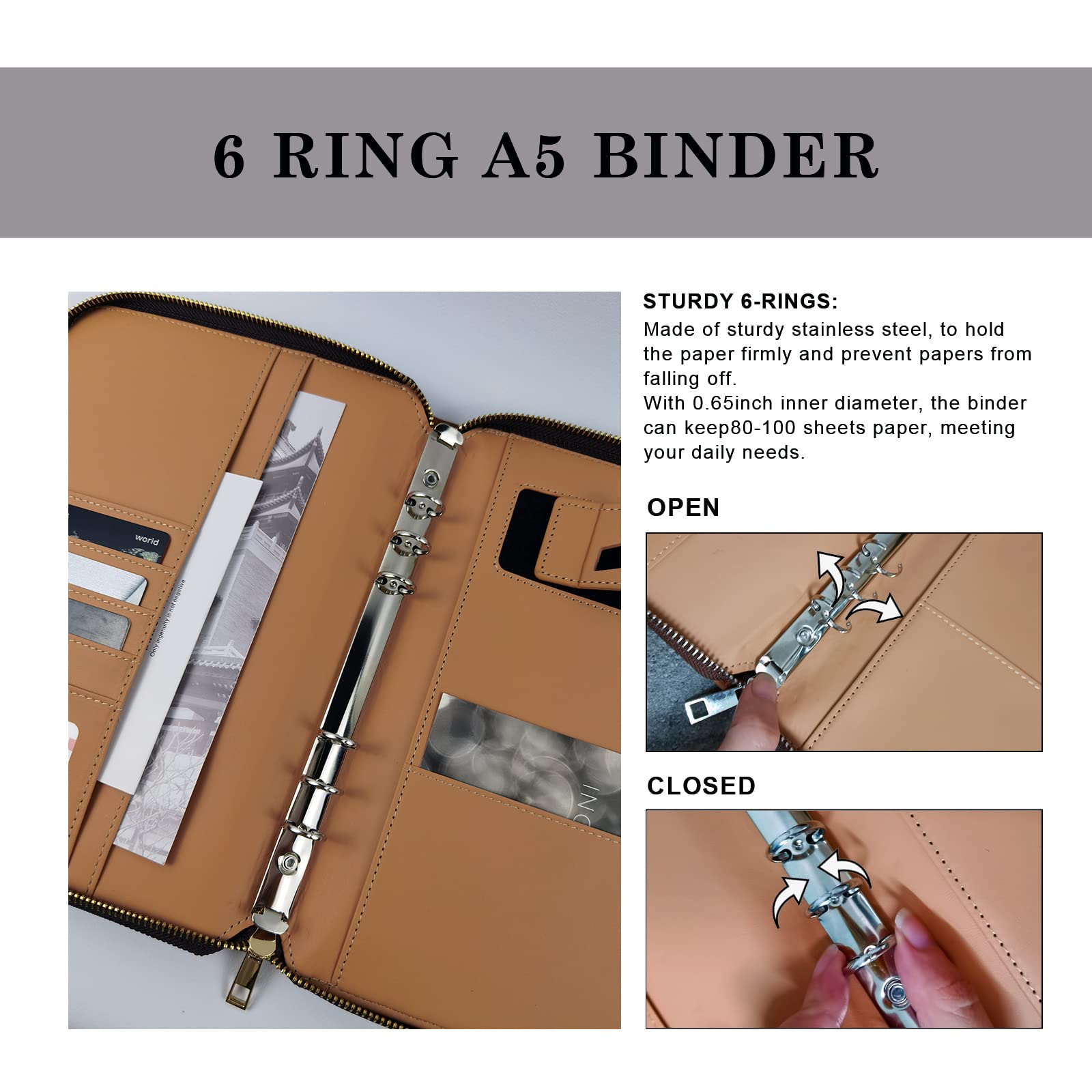 A5 Binder Case PU Leather Portfolio Budget Binder Refillable Notebook Planner Cover with Zipper 6 Rings Money Document Organizer for Business Interview (Green)