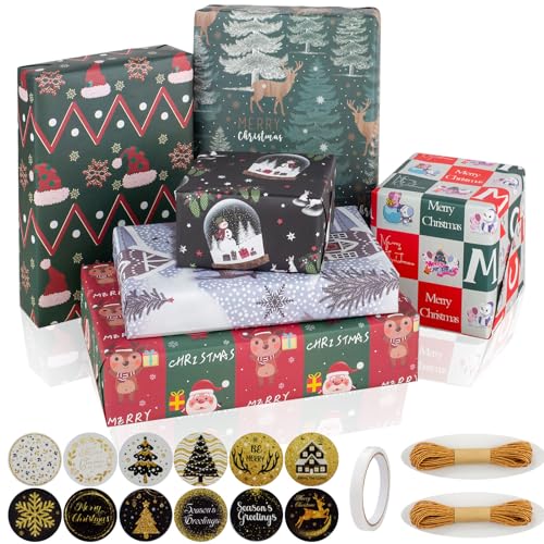 Homeral Christmas Wrapping Paper Sheet-27.6 x 19.7 inches 12 Sheets 6 Designs Kraft Paper with Christmas Tree,Reindeer,Santa,Snowman for Christmas Winter Kids Adults Celebrating