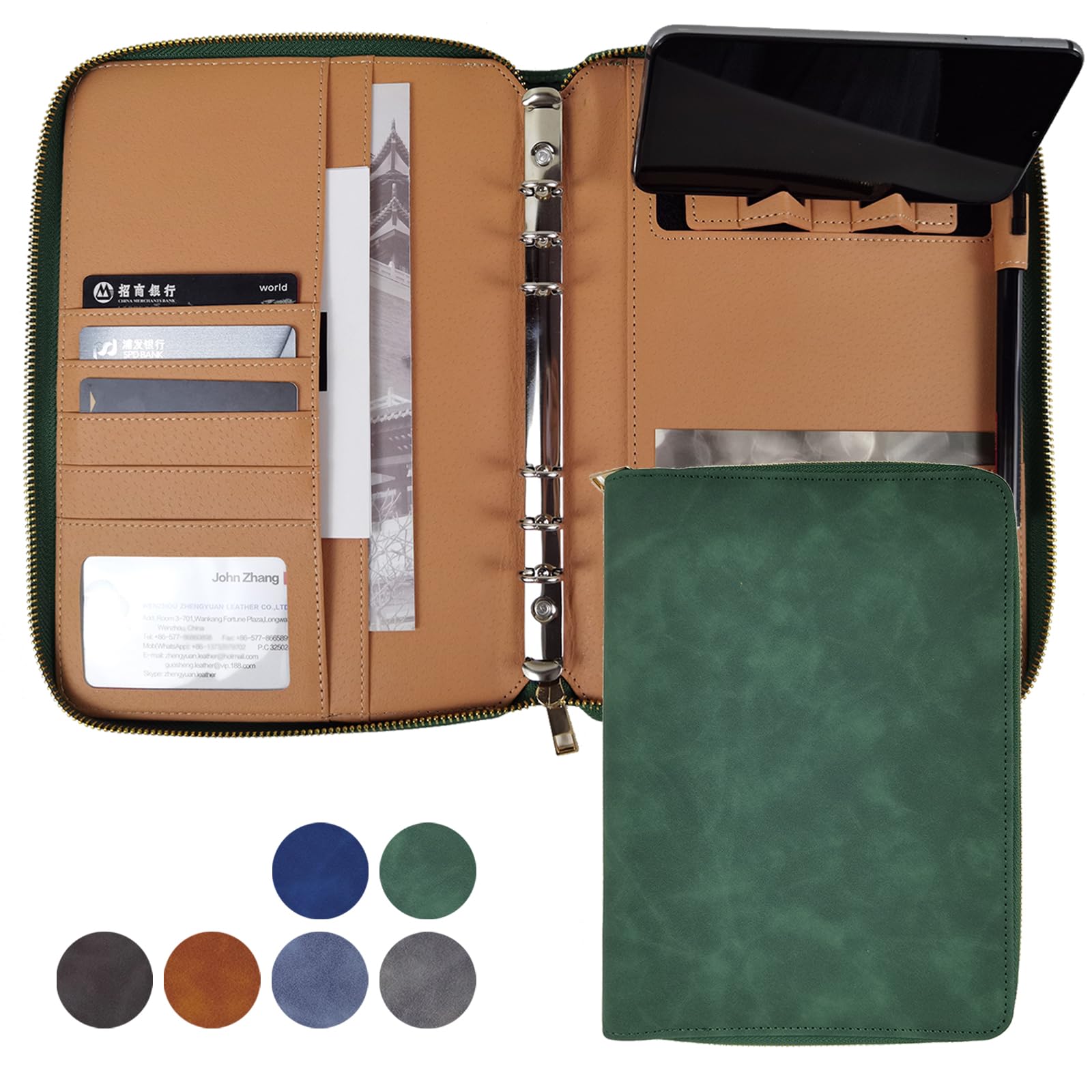 A5 Binder Case PU Leather Portfolio Budget Binder Refillable Notebook Planner Cover with Zipper 6 Rings Money Document Organizer for Business Interview (Green)