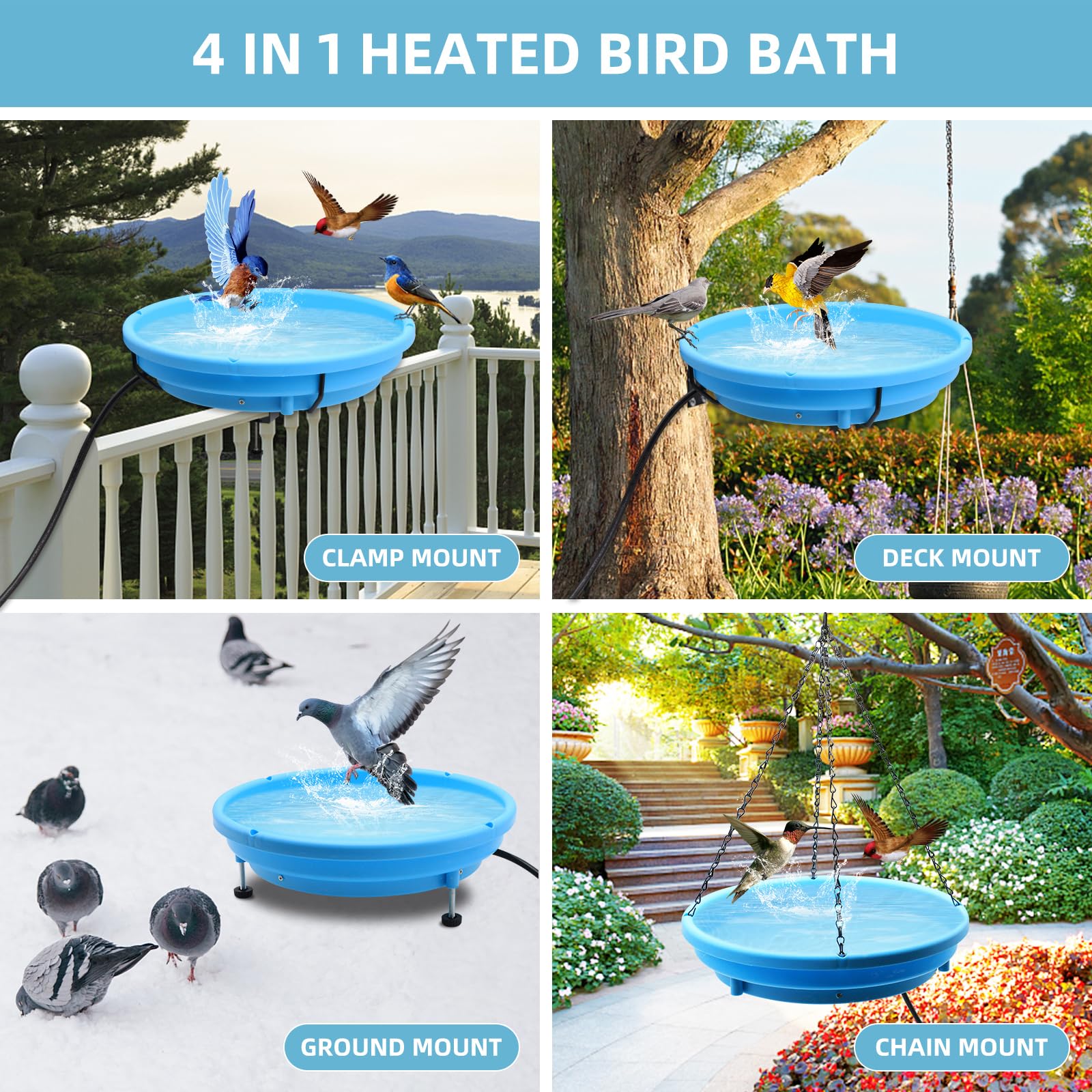 GIFANK [Clearance] Heated Bird Bath with Thermostatically Controlled 4-in-1 Bird Bath Bird Heater Heatable Bird Bath Bowl Heated Bird Waterer for Winter Outdoor Garden Yard Patio Lawn