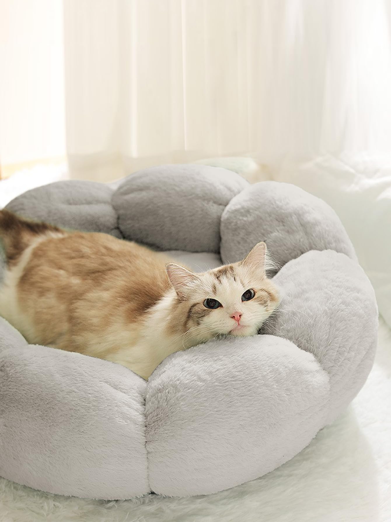 QWINEE Flower Shaped Cat Dog Bed Cat Bed Warm Soft Plush Warm Winter Nest Round Washable Non-Slip Pet Bed for Small Medium Dog Puppy Kitten Kitty Sleeping Grey S