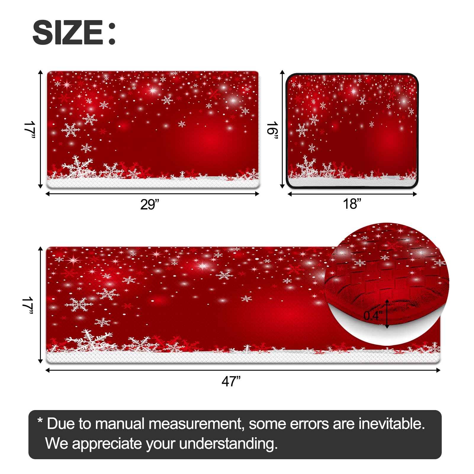 Lnond Anti Fatigue Kitchen Floor Mat, Kitchen Mat Sets 3 Piece with Dish Drying Mat, Non Skid Waterproof Washable Cushioned Floor Mats for kichen Room Home Office Sink (Red Christmas Snowflakes)