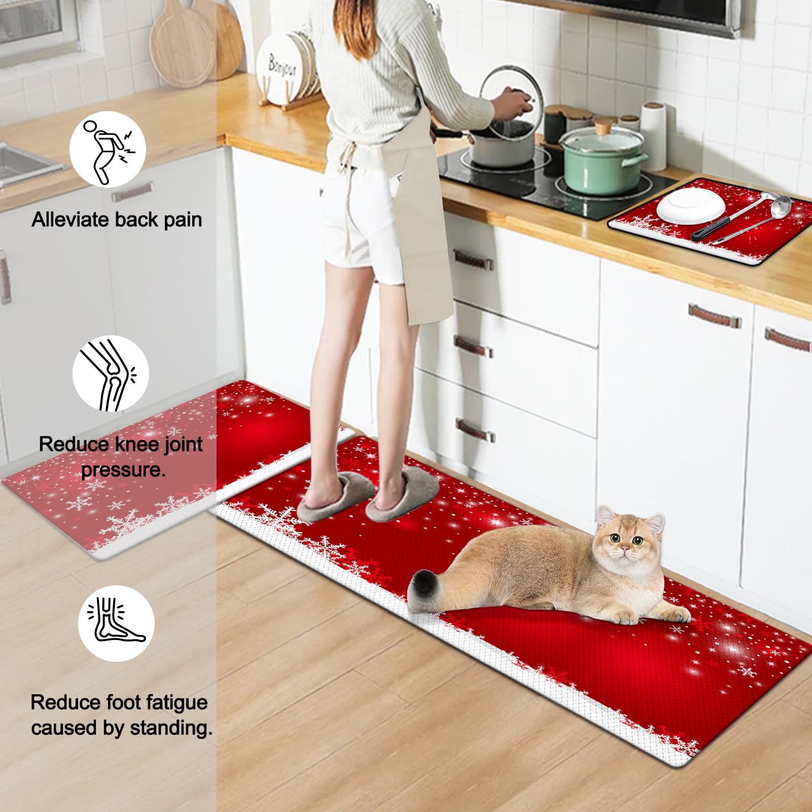 Lnond Anti Fatigue Kitchen Floor Mat, Kitchen Mat Sets 3 Piece with Dish Drying Mat, Non Skid Waterproof Washable Cushioned Floor Mats for kichen Room Home Office Sink (Red Christmas Snowflakes)