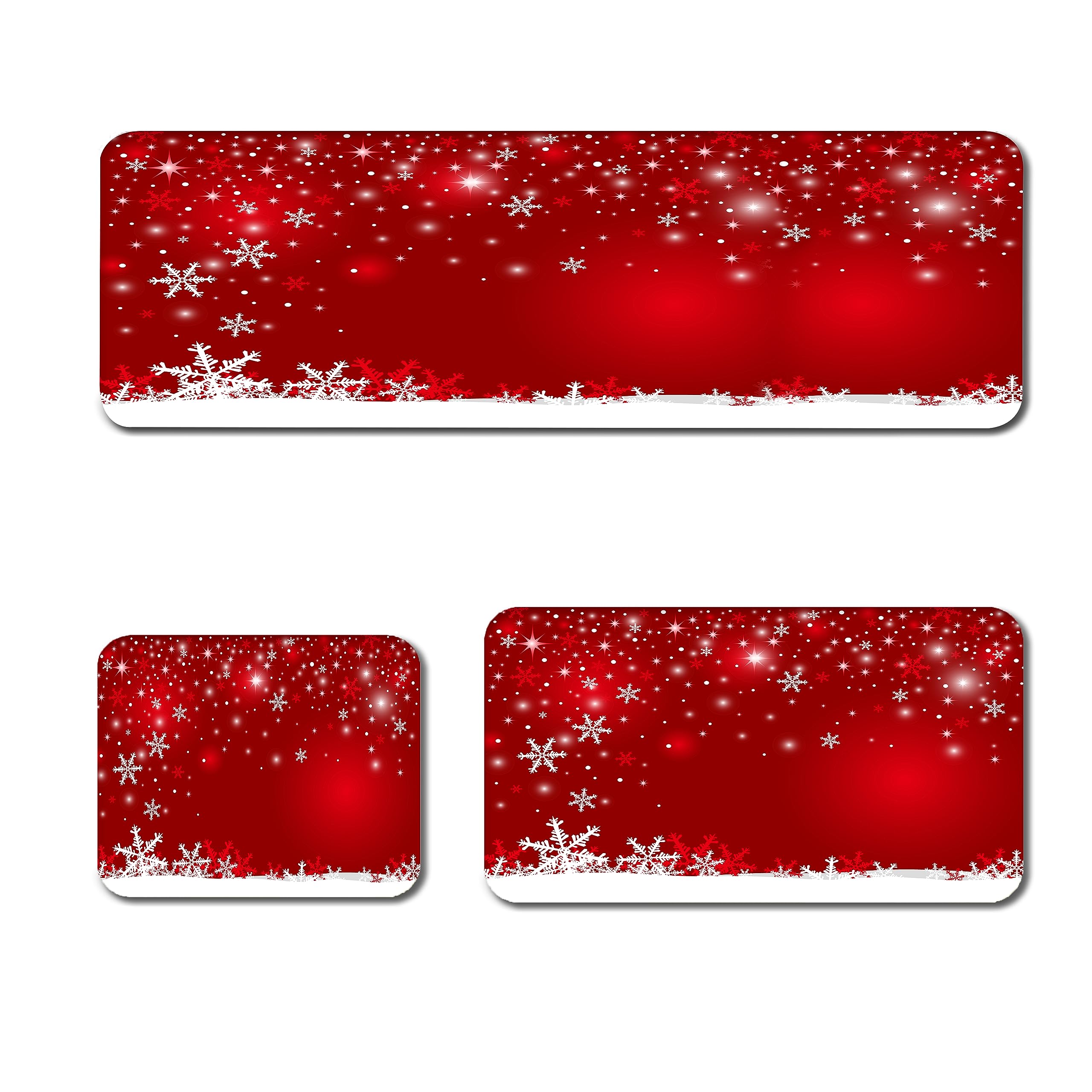 Lnond Anti Fatigue Kitchen Floor Mat, Kitchen Mat Sets 3 Piece with Dish Drying Mat, Non Skid Waterproof Washable Cushioned Floor Mats for kichen Room Home Office Sink (Red Christmas Snowflakes)