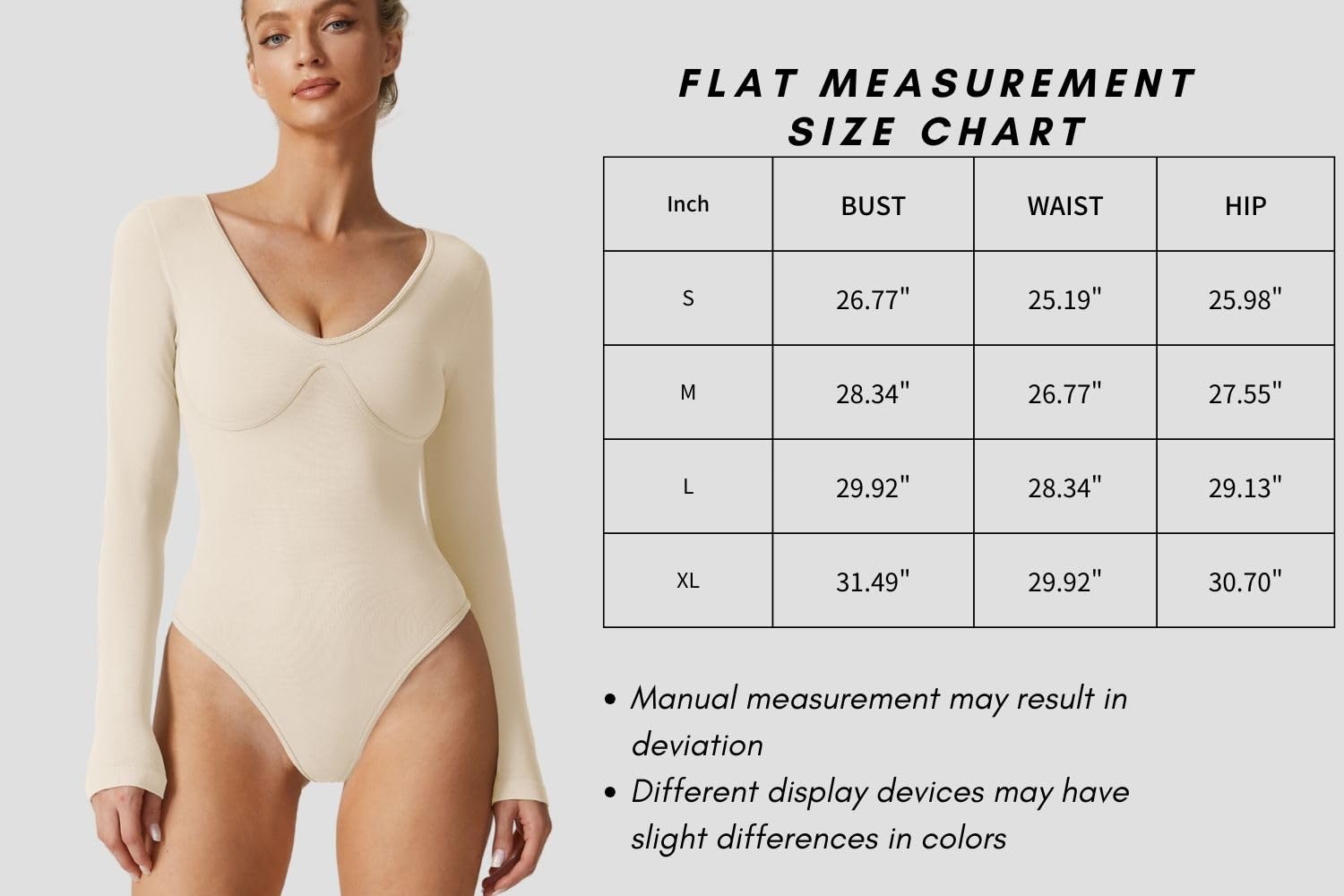QINSEN High Stretch Bodysuit Shirt for Women Soft Breathable V Neck Ribbed Knit Top Beige M