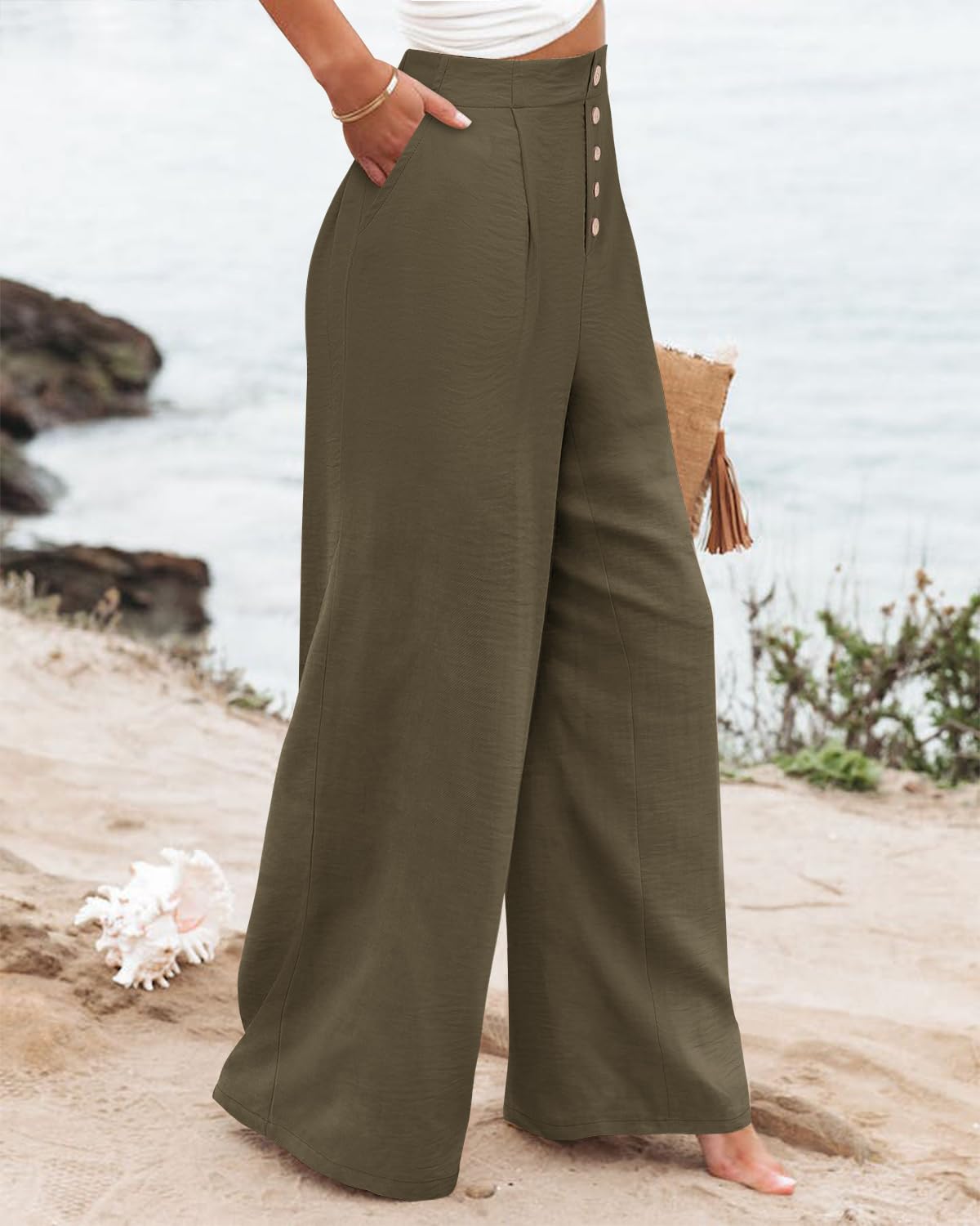 Angerella Pants for Women High Waisted Wide Leg Pants Casual Elastic Waist Palazzo Pants with Pockets Army XL