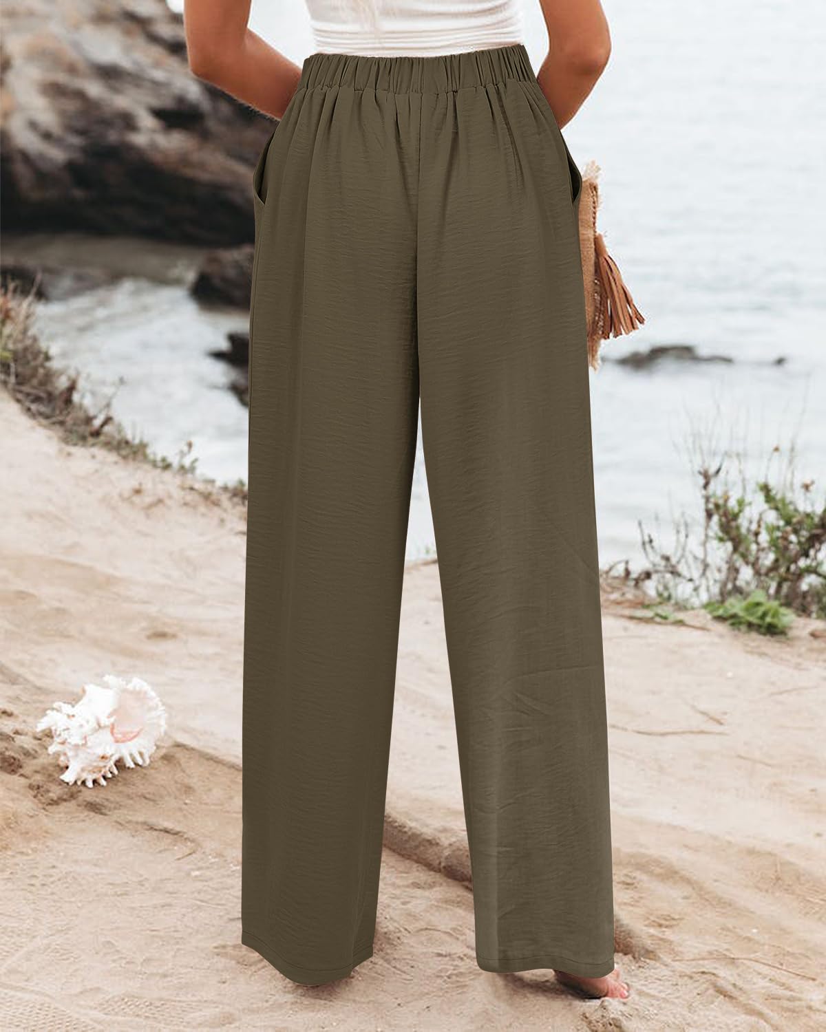 Angerella Pants for Women High Waisted Wide Leg Pants Casual Elastic Waist Palazzo Pants with Pockets Army XL