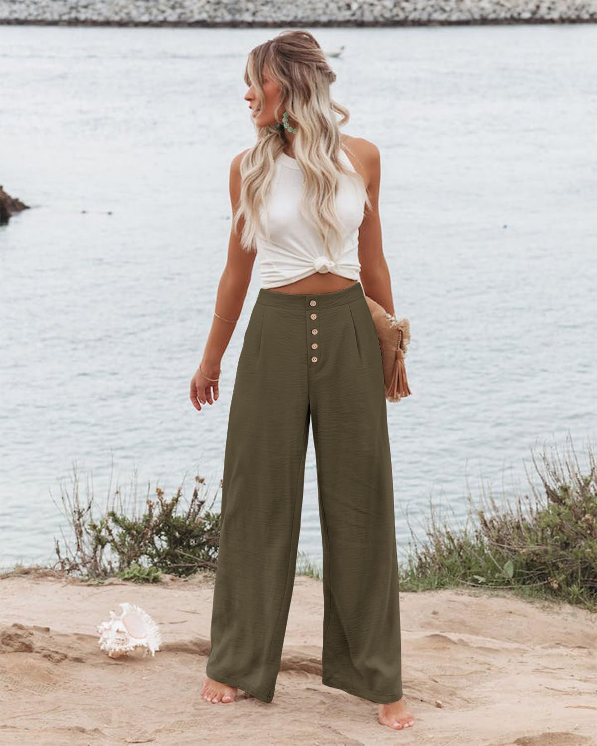 Angerella Pants for Women High Waisted Wide Leg Pants Casual Elastic Waist Palazzo Pants with Pockets Army XL