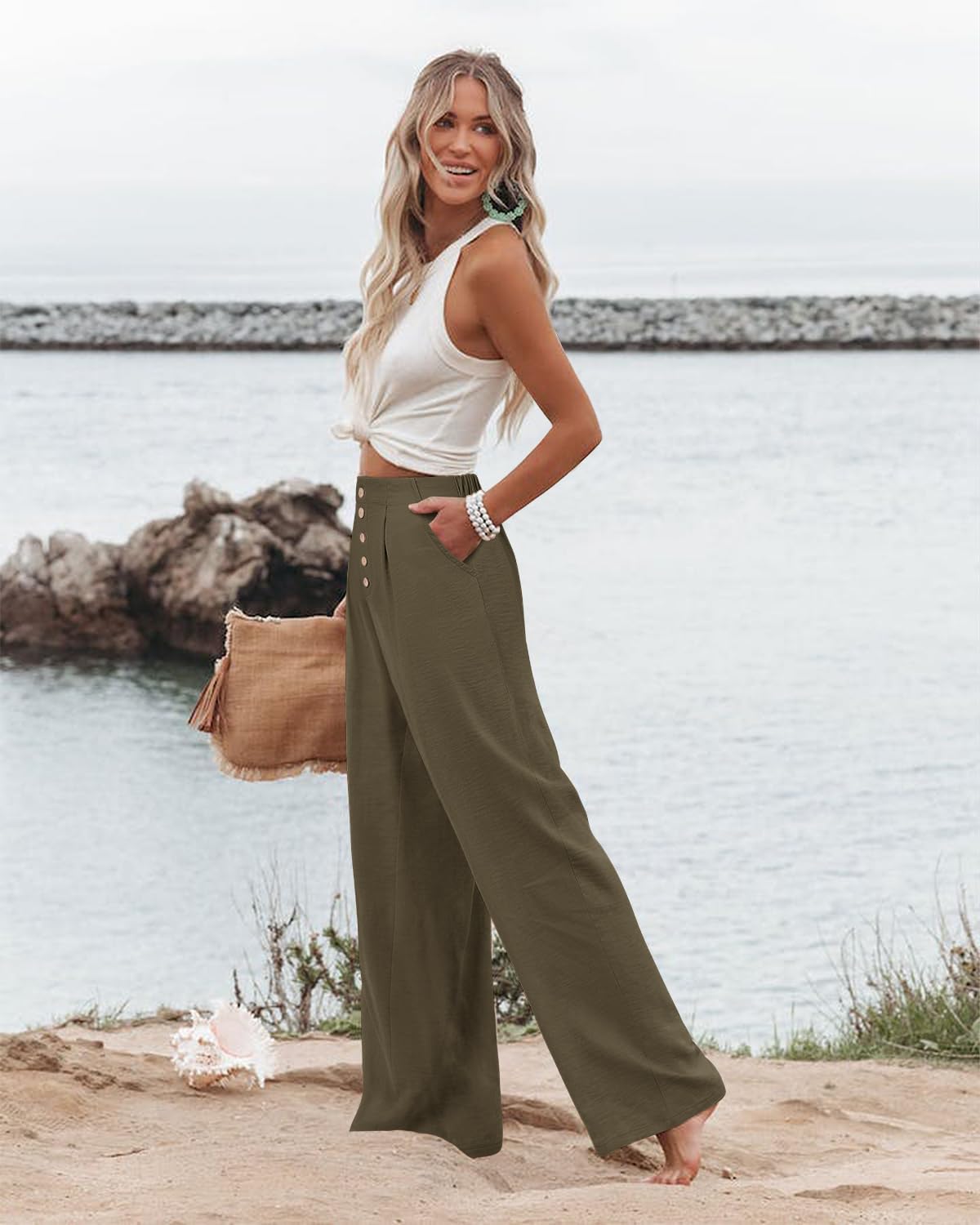 Angerella Pants for Women High Waisted Wide Leg Pants Casual Elastic Waist Palazzo Pants with Pockets Army XL