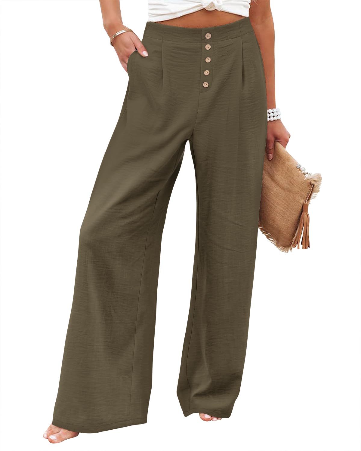 Angerella Pants for Women High Waisted Wide Leg Pants Casual Elastic Waist Palazzo Pants with Pockets Army XL