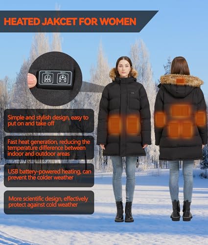 Heated Jackets for Women,Heated Jacket 8 Heating Zones,Long Winter Coats for Women (L)