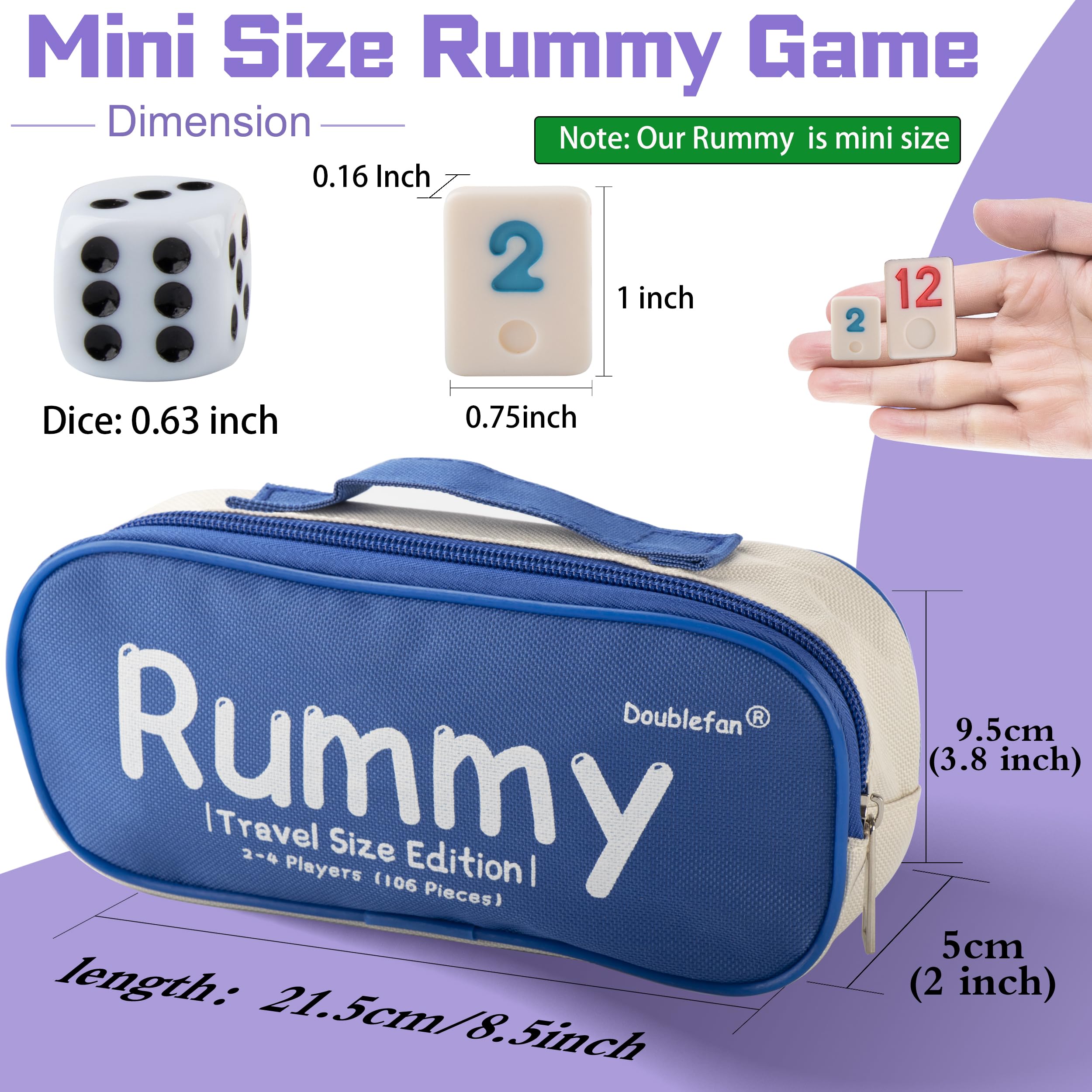 Doublefan Mini Rummy Set,Travel Size Rummy Game with Portable Bag, Mini Rummy Cube Game for Adult and Kids,106 Tiles, 4 Playing Rack, 1 Dice (2-4 Players)