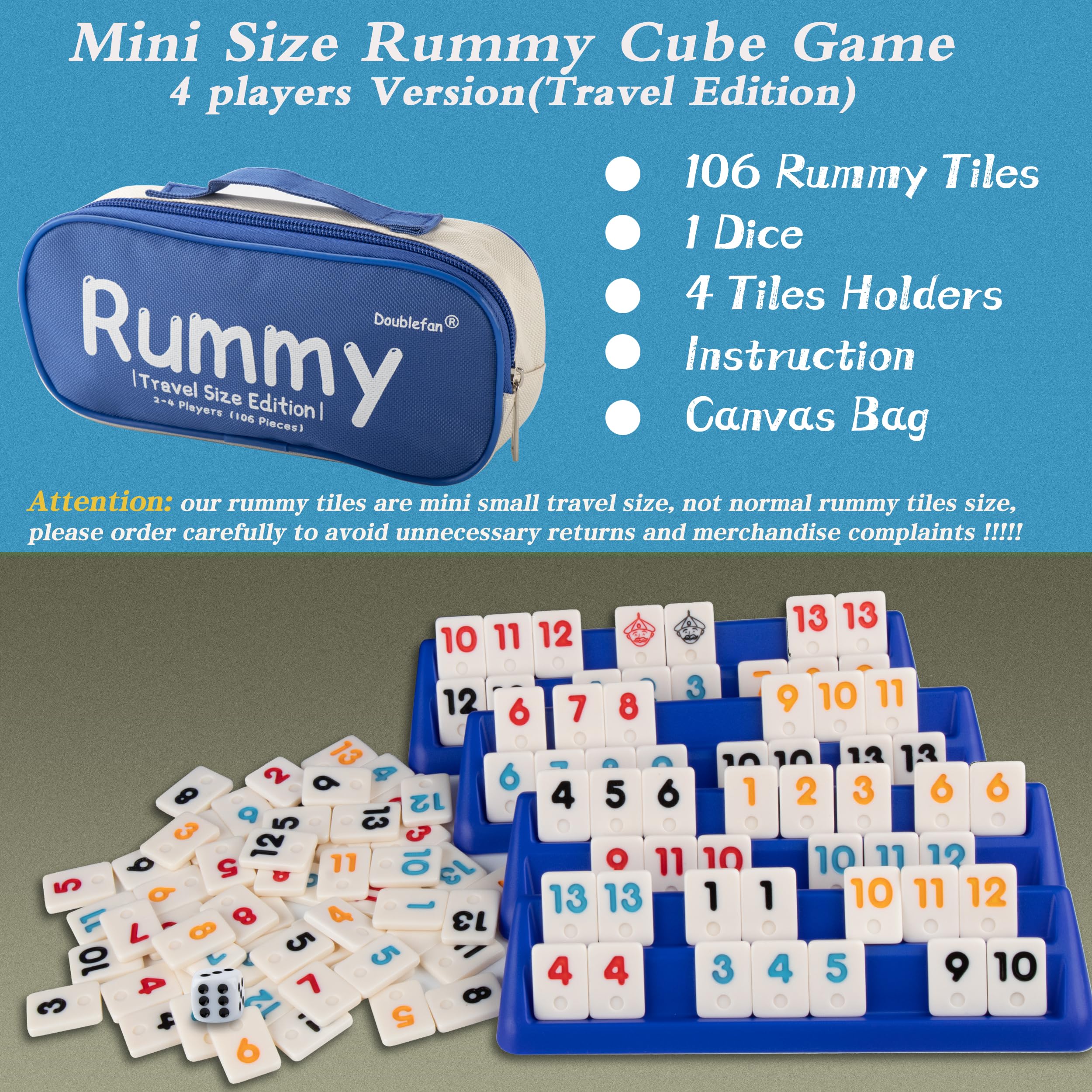 Doublefan Mini Rummy Set,Travel Size Rummy Game with Portable Bag, Mini Rummy Cube Game for Adult and Kids,106 Tiles, 4 Playing Rack, 1 Dice (2-4 Players)