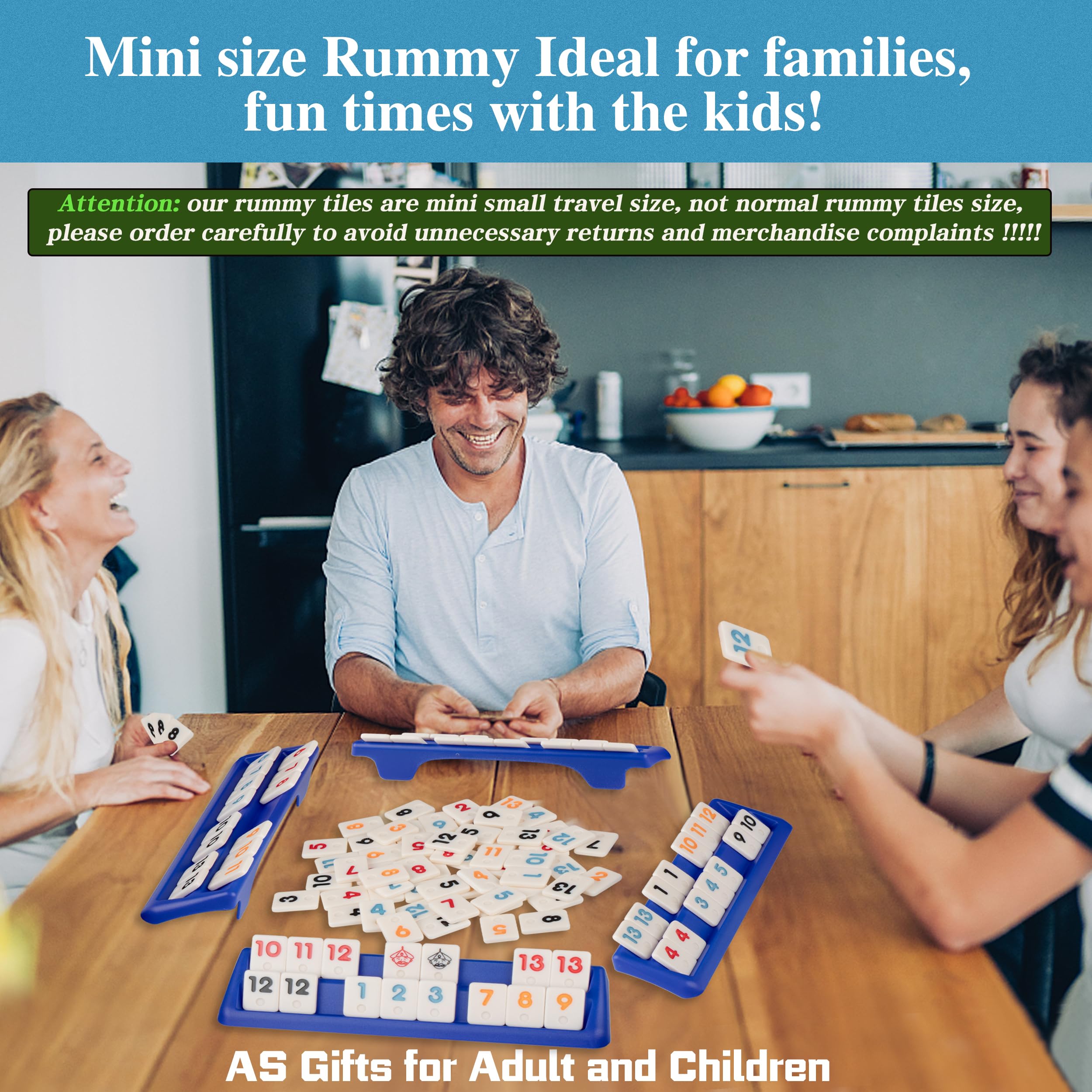 Doublefan Mini Rummy Set,Travel Size Rummy Game with Portable Bag, Mini Rummy Cube Game for Adult and Kids,106 Tiles, 4 Playing Rack, 1 Dice (2-4 Players)
