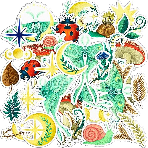 34 PCS Cute Sticker Pack Luna Mushrooms Vinyl Set for Bicycle Waterproof for Luggage Ladybug Cute Fern for Skateboard for Planner Butterfly Decals for Water Bottles for Notebook Moth