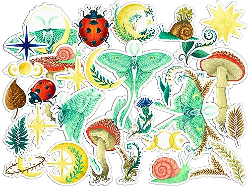 34 PCS Cute Sticker Pack Luna Mushrooms Vinyl Set for Bicycle Waterproof for Luggage Ladybug Cute Fern for Skateboard for Planner Butterfly Decals for Water Bottles for Notebook Moth