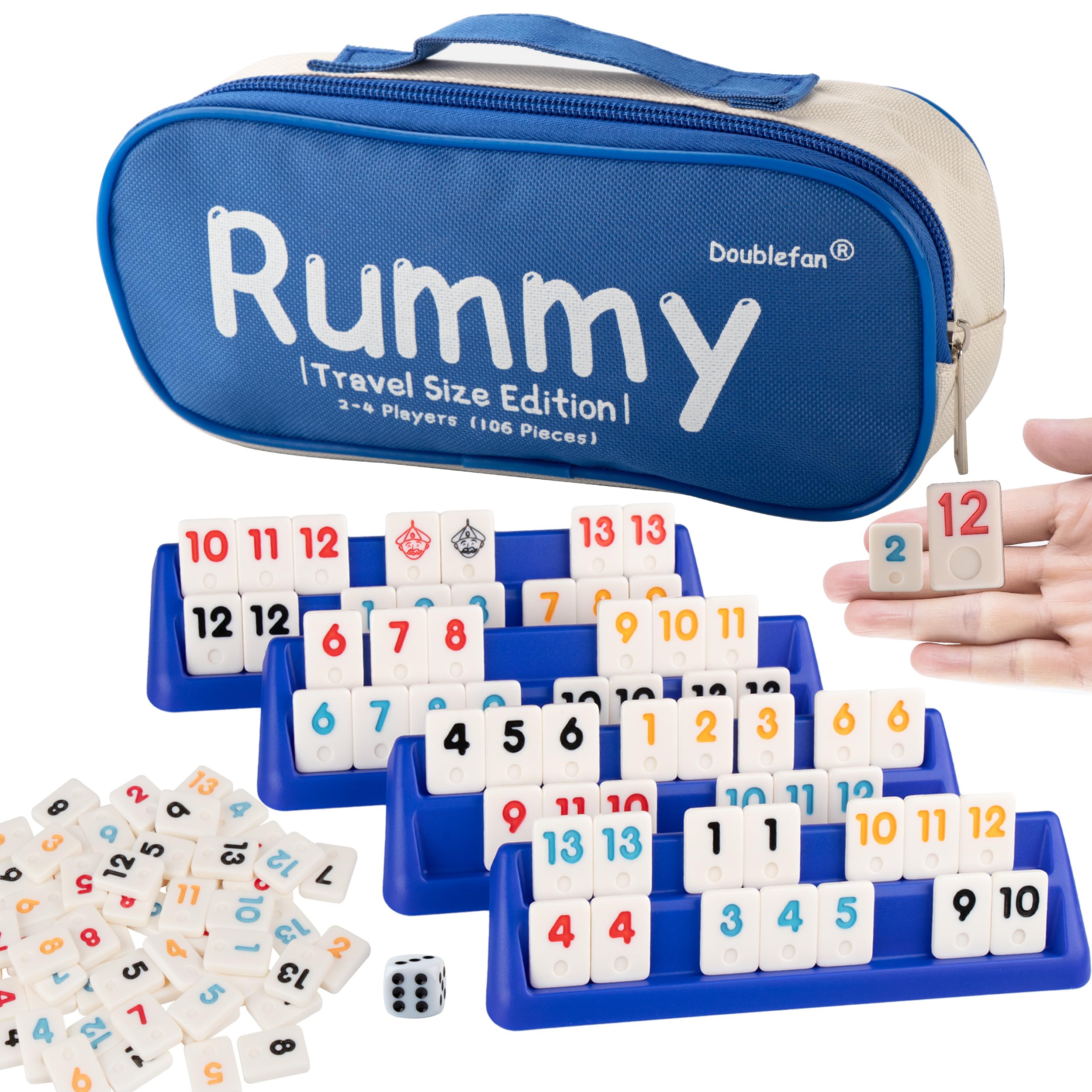 Doublefan Mini Rummy Set,Travel Size Rummy Game with Portable Bag, Mini Rummy Cube Game for Adult and Kids,106 Tiles, 4 Playing Rack, 1 Dice (2-4 Players)