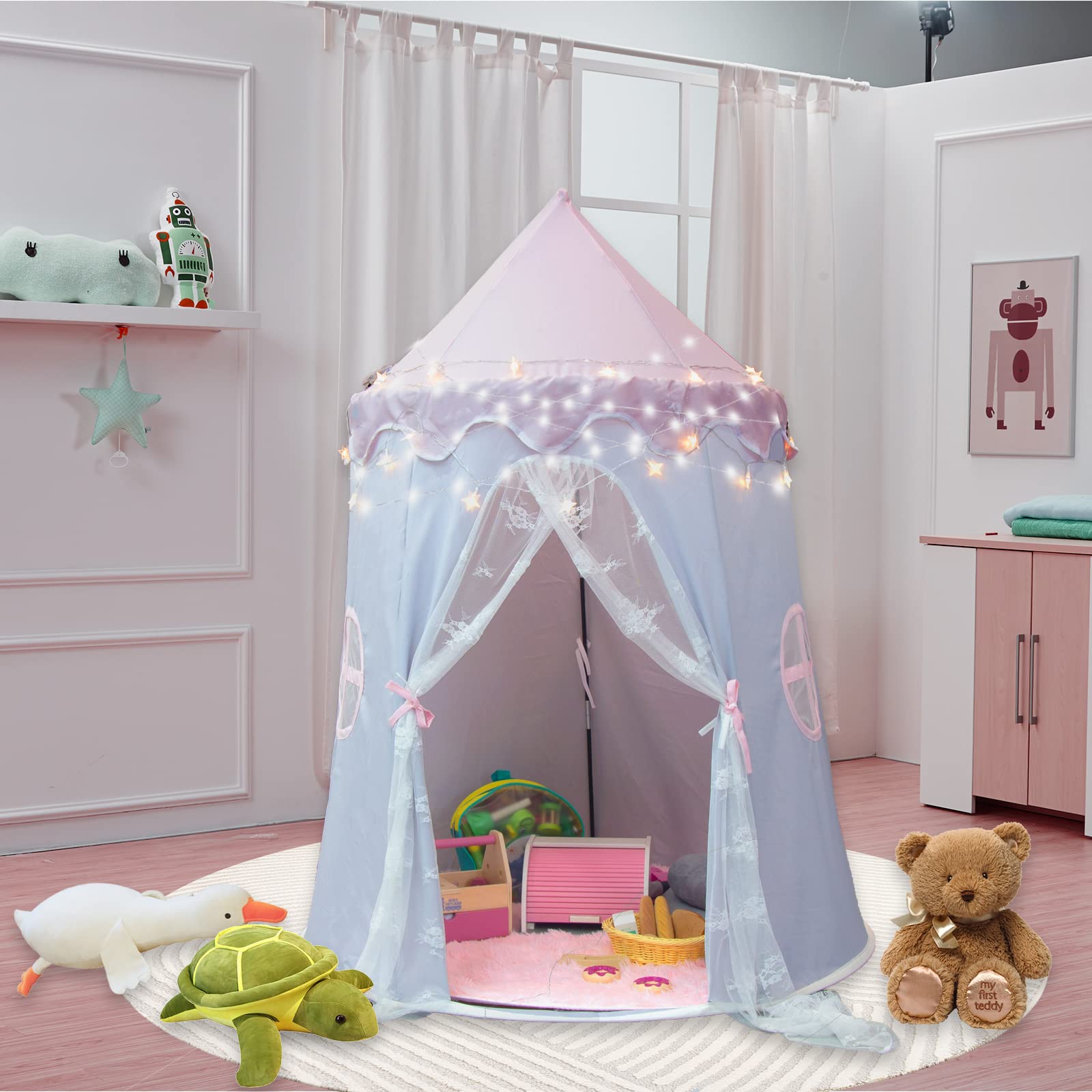 WoodenEdu Kids Teepee Tent for Girls, Princess Castle Pink Oxford Cloth Teepee Indoor Outdoor Kids Foldable Play Tent with Carry Bag for Toddlers 3 4 5 6 Year Old Girls (Pink)