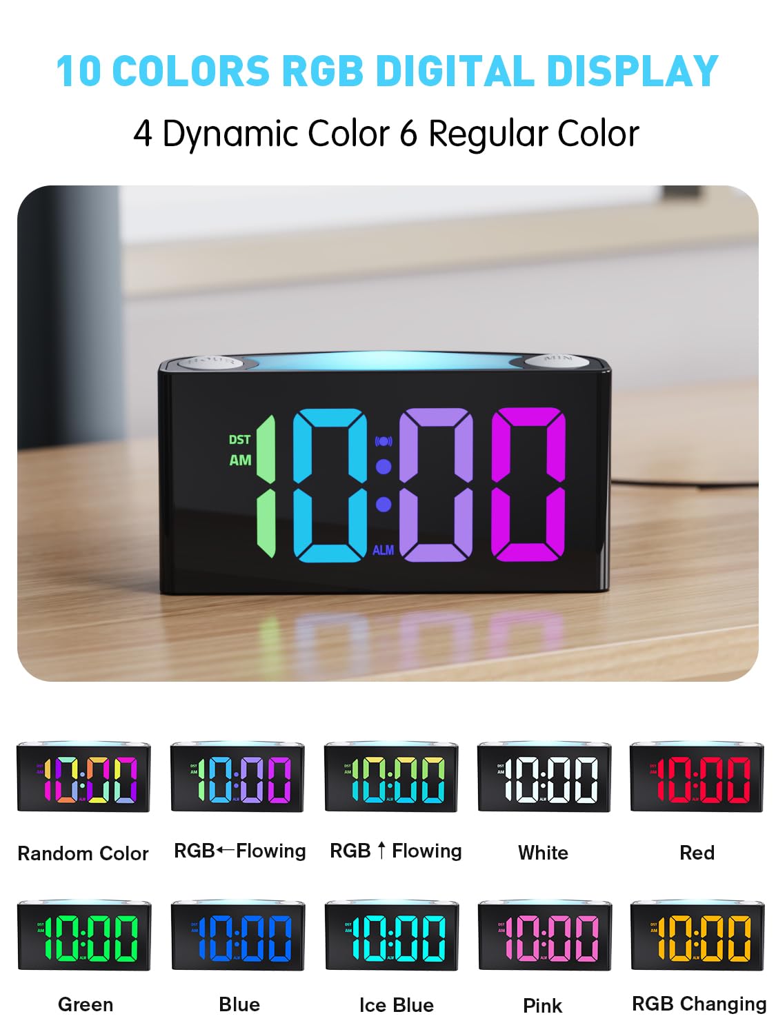 PPLEE RGB Digital Clock-Alarm Clocks for Bedrooms,Large Bold Number 7 Dimmers,Battery Backup Loud Alarm Clock,8 Modes Night Light,Dual Charger USB&Type-C,Bedside Desk Clock for Kid Adult Heavy Sleeper