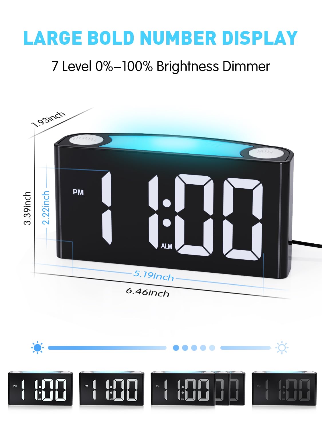 PPLEE RGB Digital Clock-Alarm Clocks for Bedrooms,Large Bold Number 7 Dimmers,Battery Backup Loud Alarm Clock,8 Modes Night Light,Dual Charger USB&Type-C,Bedside Desk Clock for Kid Adult Heavy Sleeper