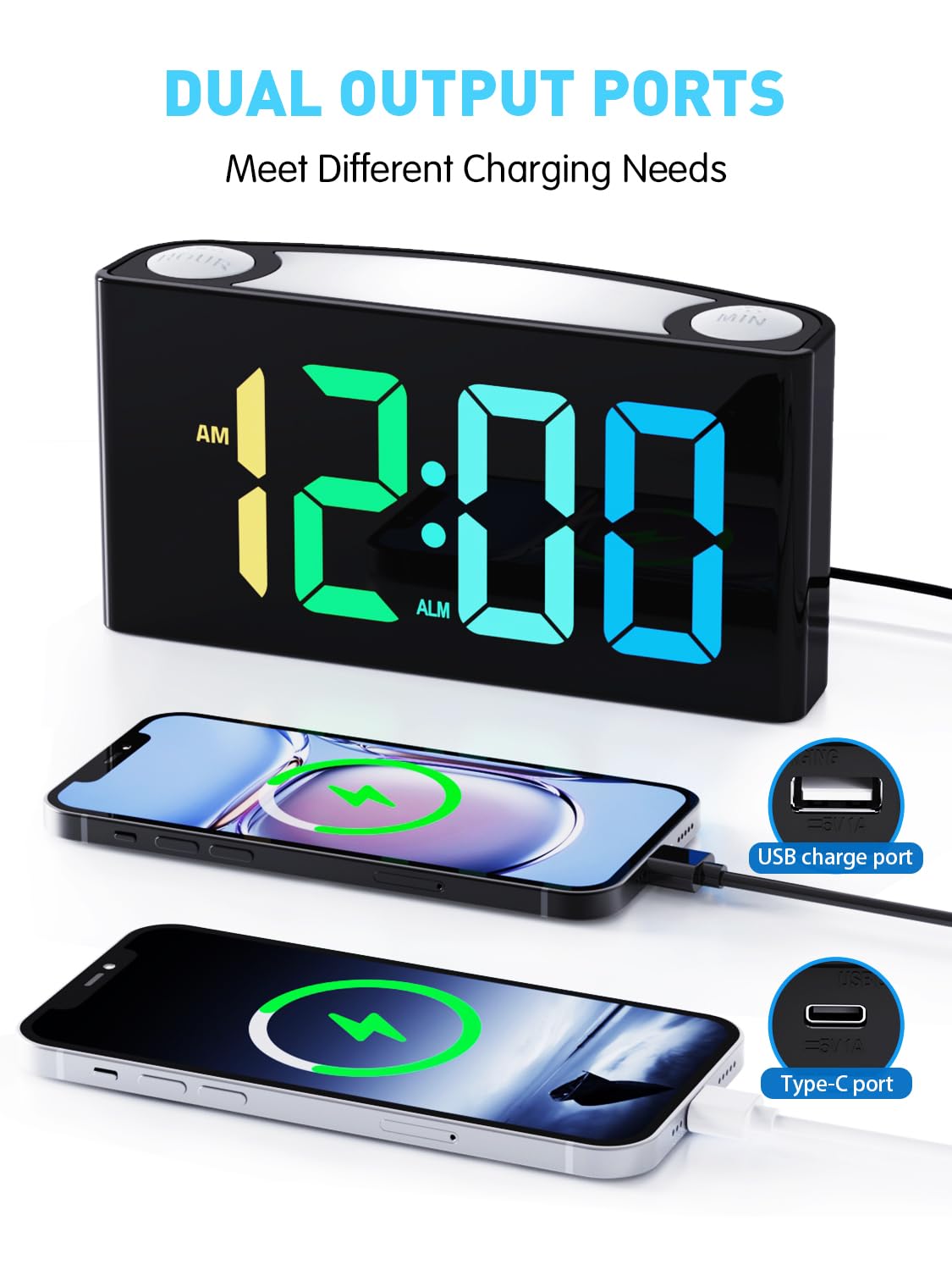 PPLEE RGB Digital Clock-Alarm Clocks for Bedrooms,Large Bold Number 7 Dimmers,Battery Backup Loud Alarm Clock,8 Modes Night Light,Dual Charger USB&Type-C,Bedside Desk Clock for Kid Adult Heavy Sleeper