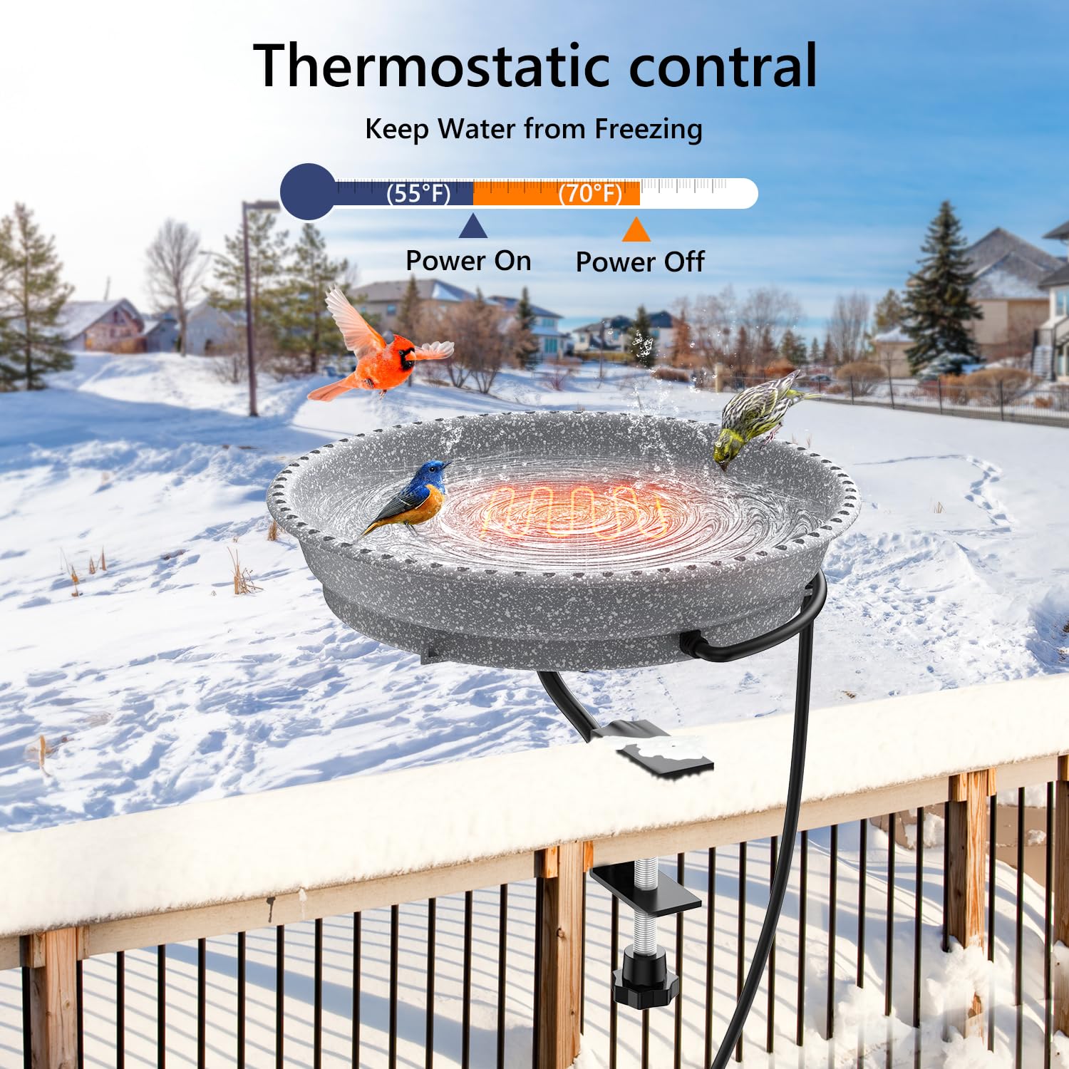 Sunvigor Heated Bird Bath for Outdoors, Deck Mounted 75W Bird Bath Deicer Bird Feeder with Thermostatically Controlled, Bird Bath Bowl for Winter Garden Yard Patio Lawn, with 3.6 Feet Electric Cord