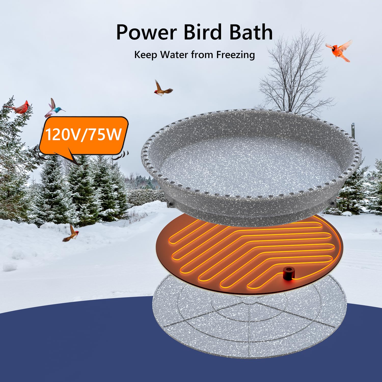 Sunvigor Heated Bird Bath for Outdoors, Deck Mounted 75W Bird Bath Deicer Bird Feeder with Thermostatically Controlled, Bird Bath Bowl for Winter Garden Yard Patio Lawn, with 3.6 Feet Electric Cord