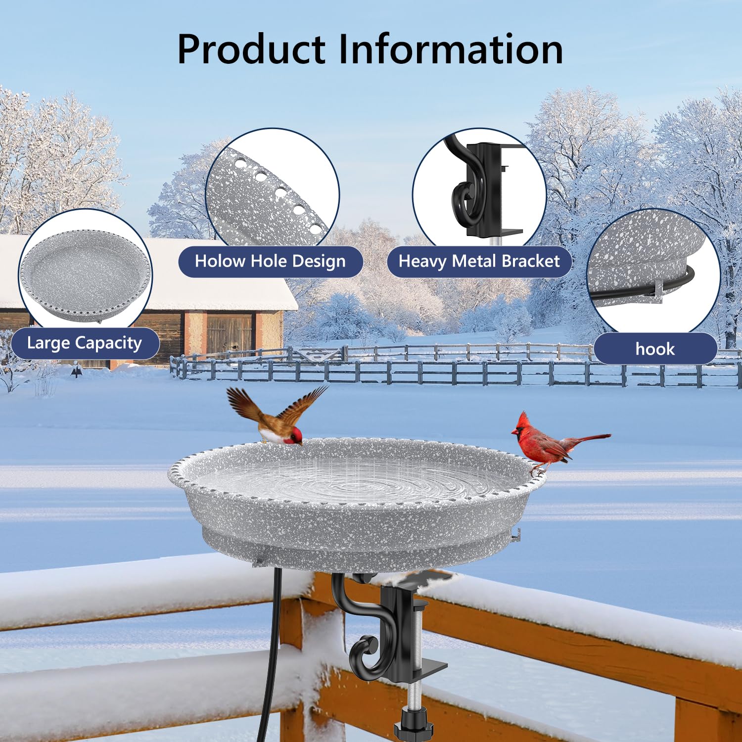 Sunvigor Heated Bird Bath for Outdoors, Deck Mounted 75W Bird Bath Deicer Bird Feeder with Thermostatically Controlled, Bird Bath Bowl for Winter Garden Yard Patio Lawn, with 3.6 Feet Electric Cord
