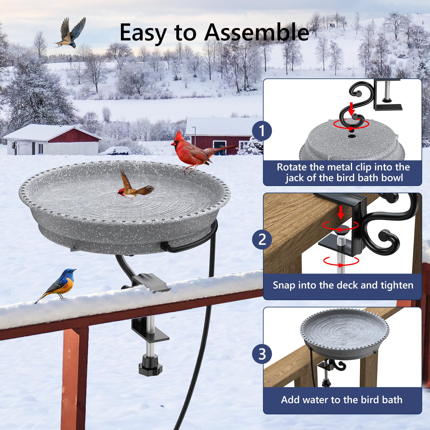 Sunvigor Heated Bird Bath for Outdoors, Deck Mounted 75W Bird Bath Deicer Bird Feeder with Thermostatically Controlled, Bird Bath Bowl for Winter Garden Yard Patio Lawn, with 3.6 Feet Electric Cord