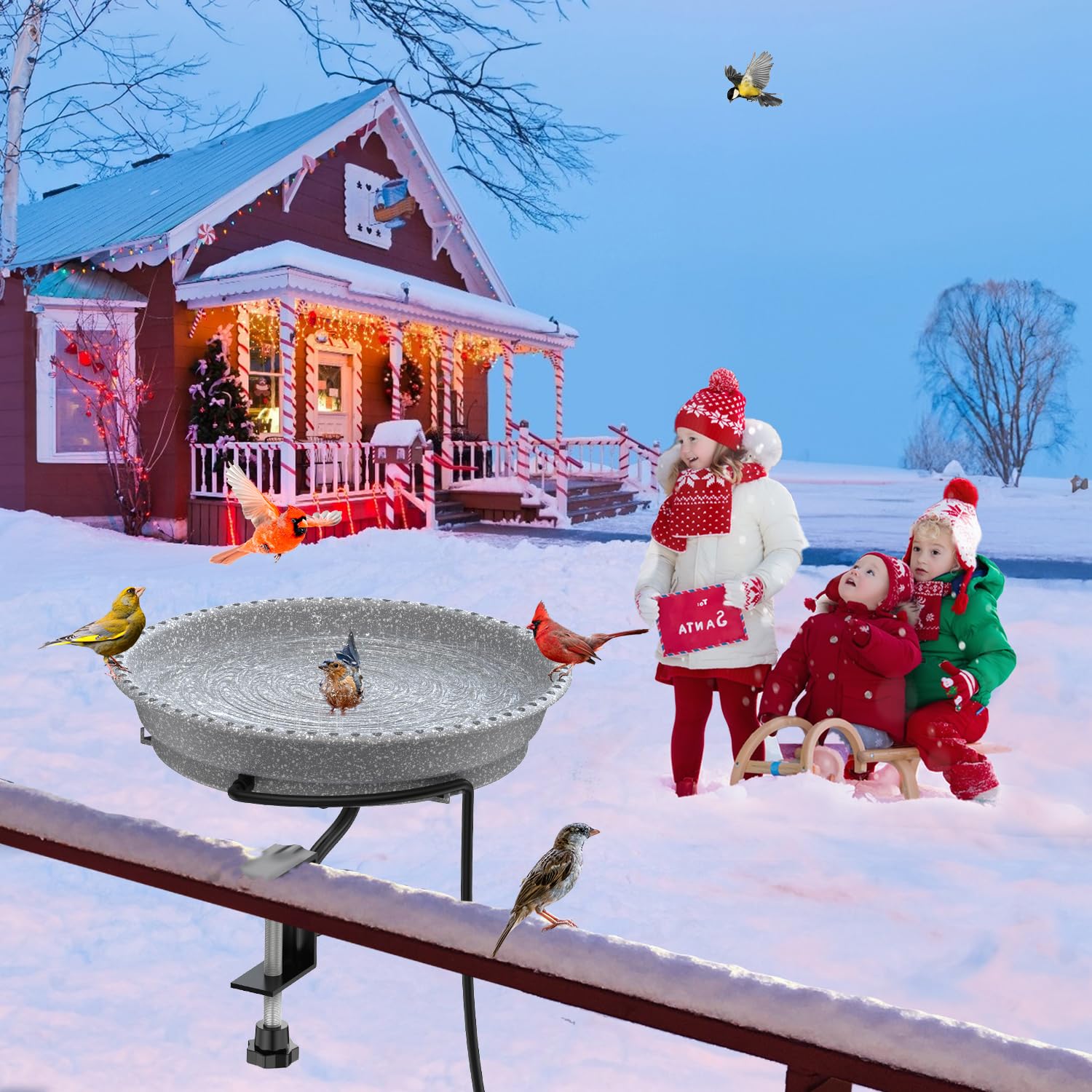 Sunvigor Heated Bird Bath for Outdoors, Deck Mounted 75W Bird Bath Deicer Bird Feeder with Thermostatically Controlled, Bird Bath Bowl for Winter Garden Yard Patio Lawn, with 3.6 Feet Electric Cord