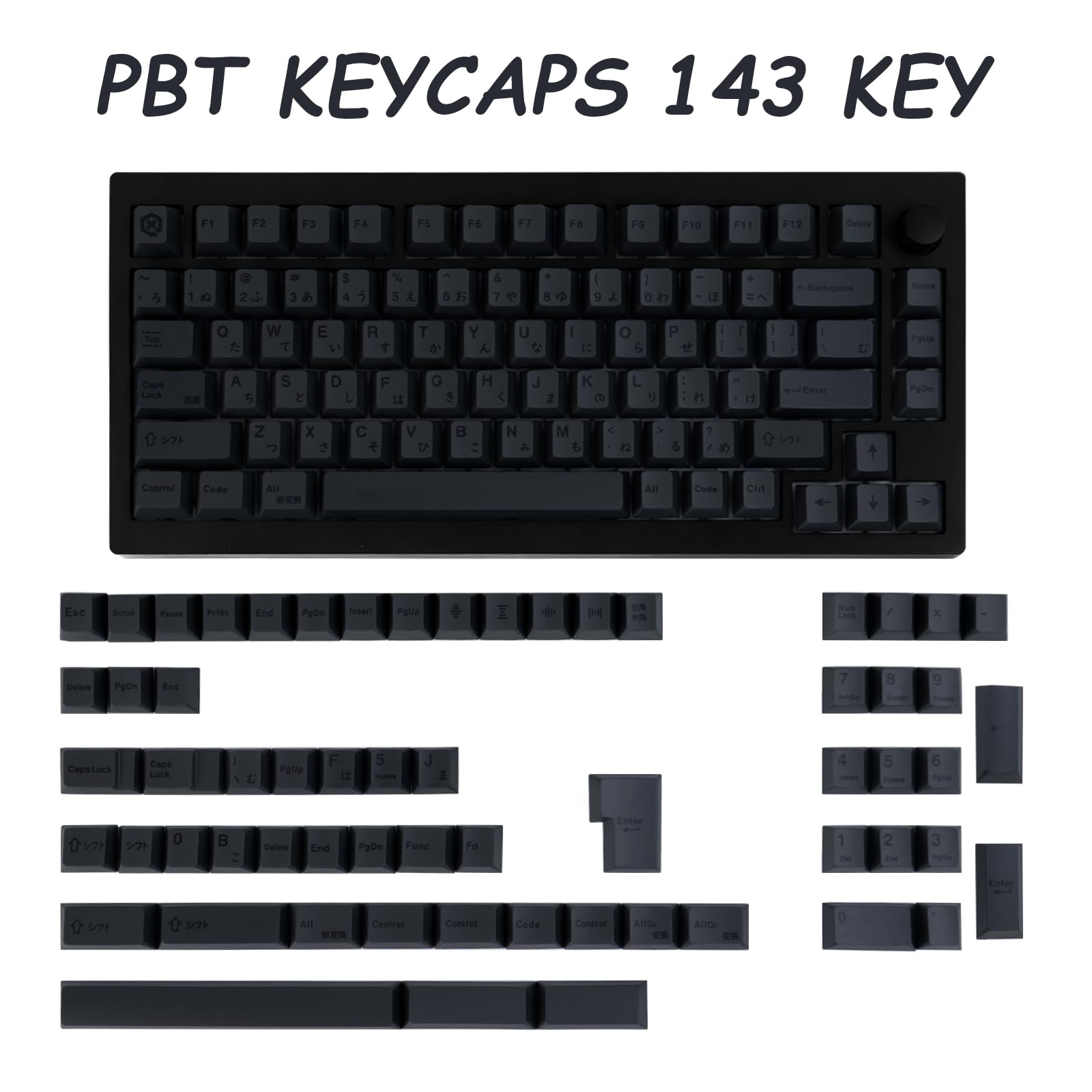 JOLINTAL 143 Keys Grey on Black Keycaps Set, Japanese Keycaps Custom Keycaps Black on Grey Keycaps, PBT Cherry Profile Keycaps for Mechanical Keyboard