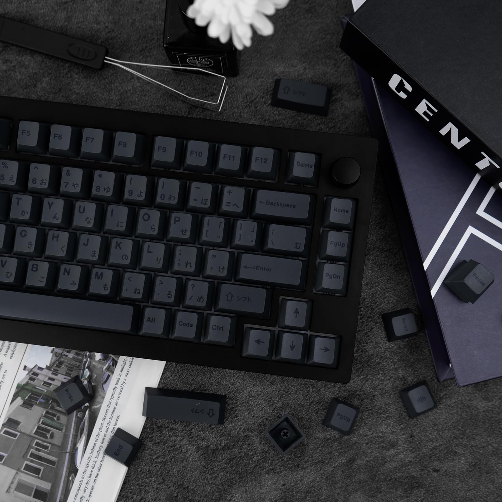 JOLINTAL 143 Keys Grey on Black Keycaps Set, Japanese Keycaps Custom Keycaps Black on Grey Keycaps, PBT Cherry Profile Keycaps for Mechanical Keyboard