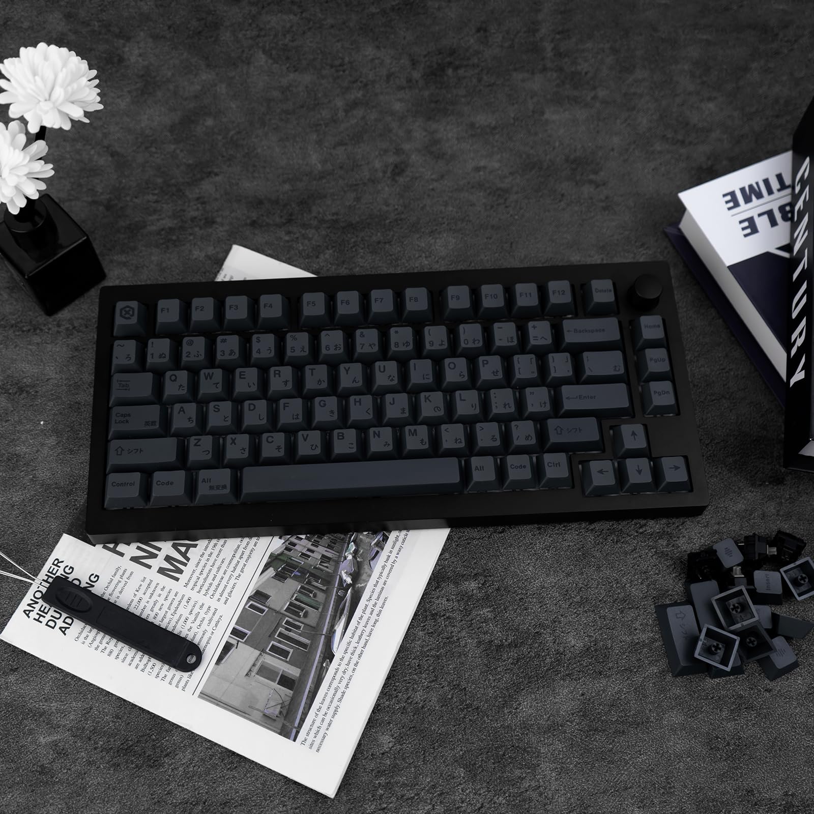 JOLINTAL 143 Keys Grey on Black Keycaps Set, Japanese Keycaps Custom Keycaps Black on Grey Keycaps, PBT Cherry Profile Keycaps for Mechanical Keyboard