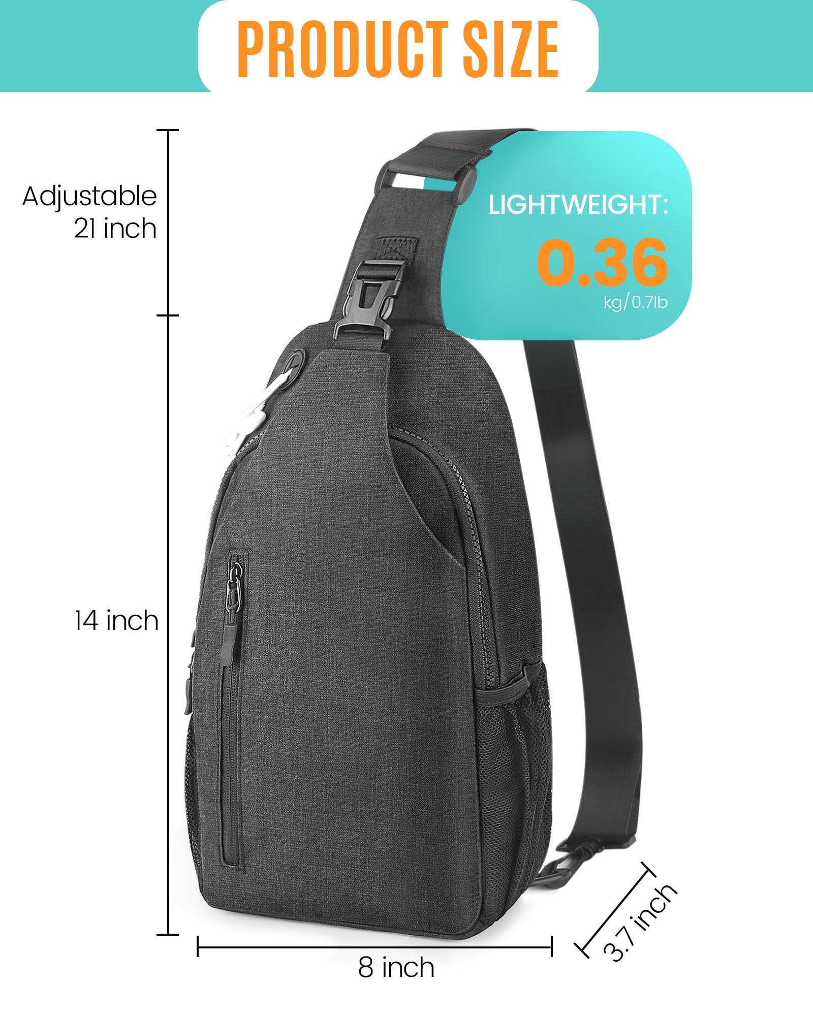 Crossbody Sling Bag for Women & Men, Waterproof Sling Backpack with USB Charging Port, Lightweight Shoulder Chest Bag for Hiking, Travel (Black)
