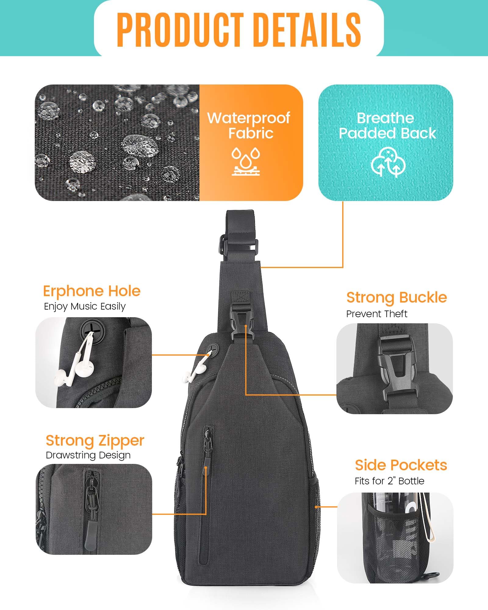 Crossbody Sling Bag for Women & Men, Waterproof Sling Backpack with USB Charging Port, Lightweight Shoulder Chest Bag for Hiking, Travel (Black)