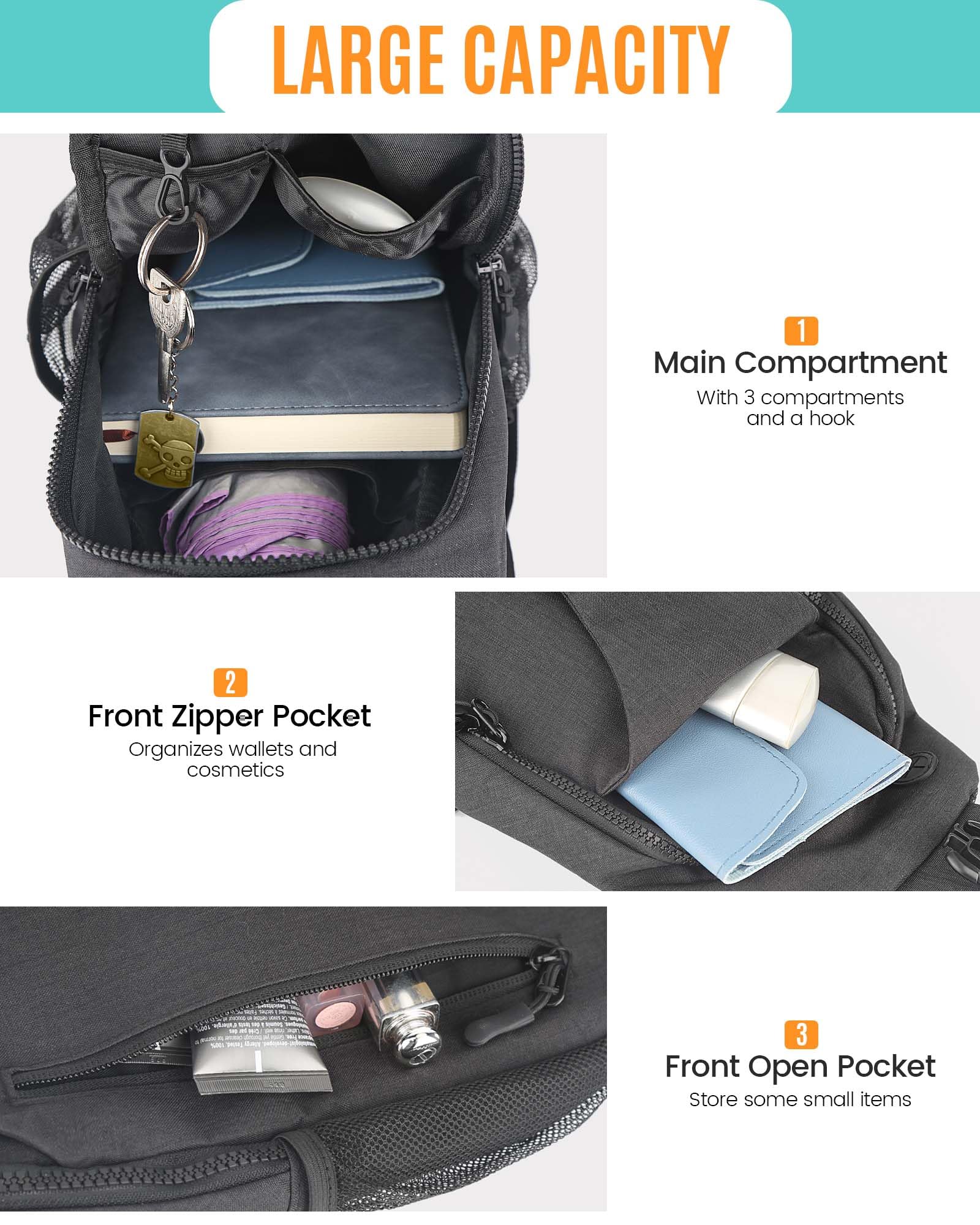 Crossbody Sling Bag for Women & Men, Waterproof Sling Backpack with USB Charging Port, Lightweight Shoulder Chest Bag for Hiking, Travel (Black)
